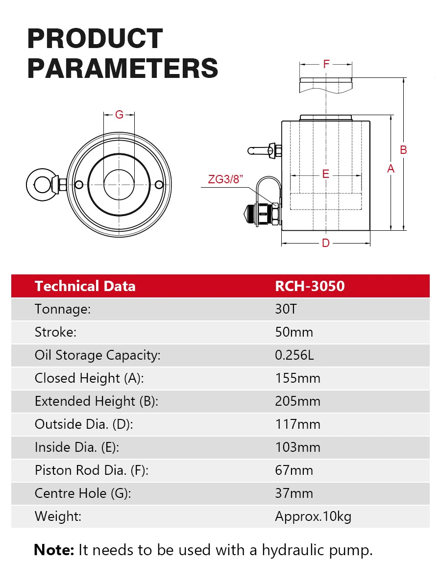 30-Ton Hydraulic Hollow Plunger Jack RCH-3050 | 50mm Hollow Plunger Ram ...
